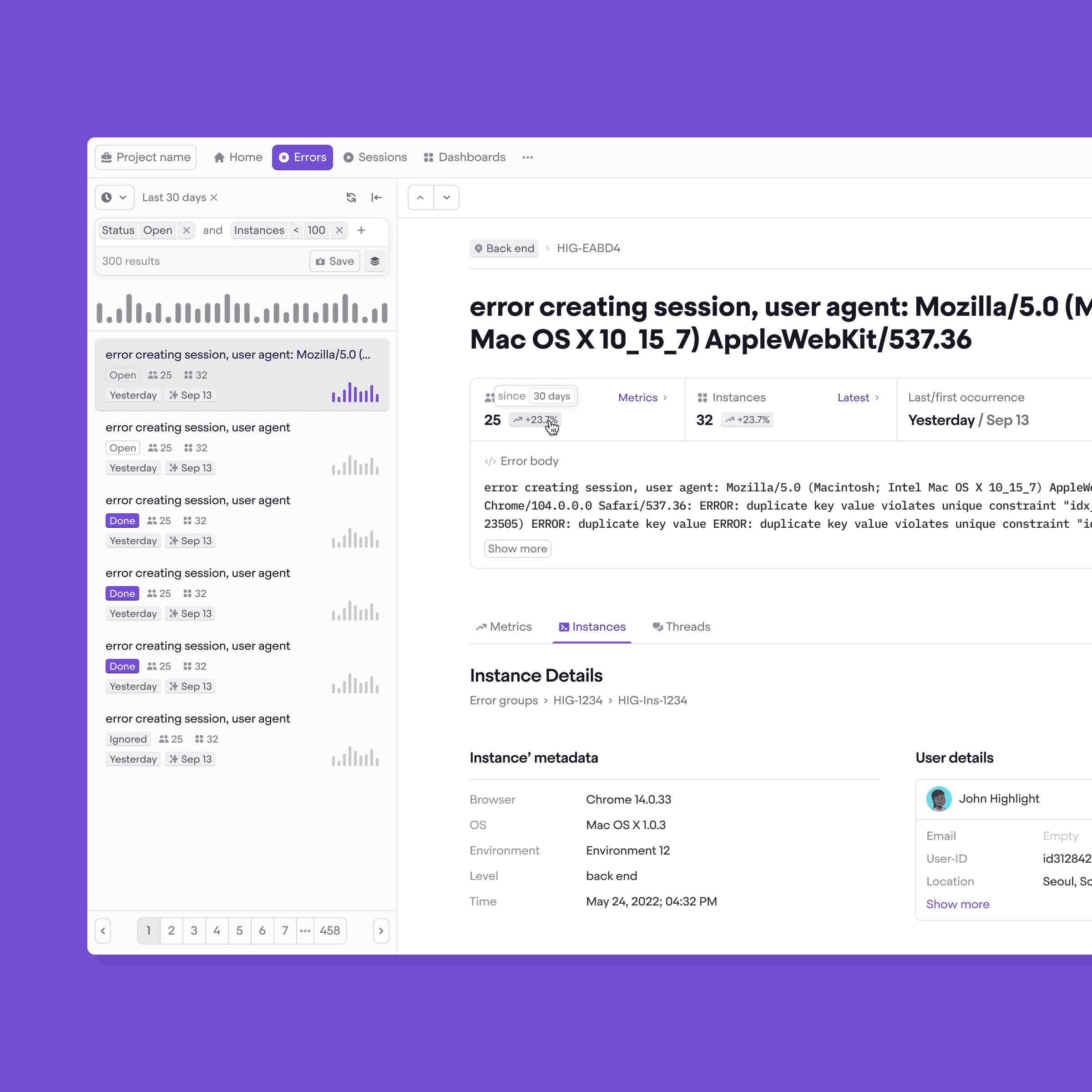 The New Error Management UI in Highlight